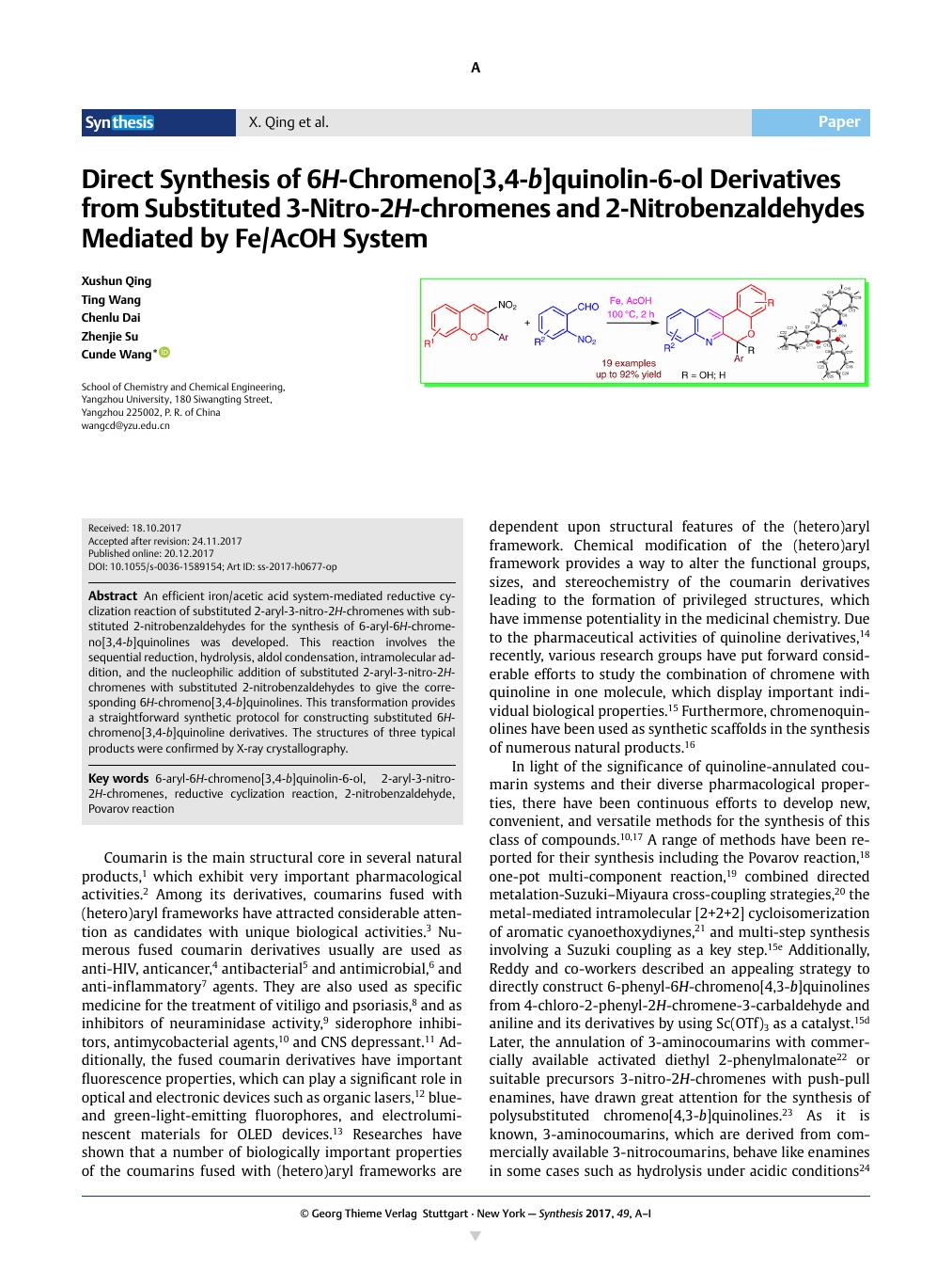 Direct Synthesis of 6H-Chromeno[3,4-b]quinolin-6-ol Derivatives from ...