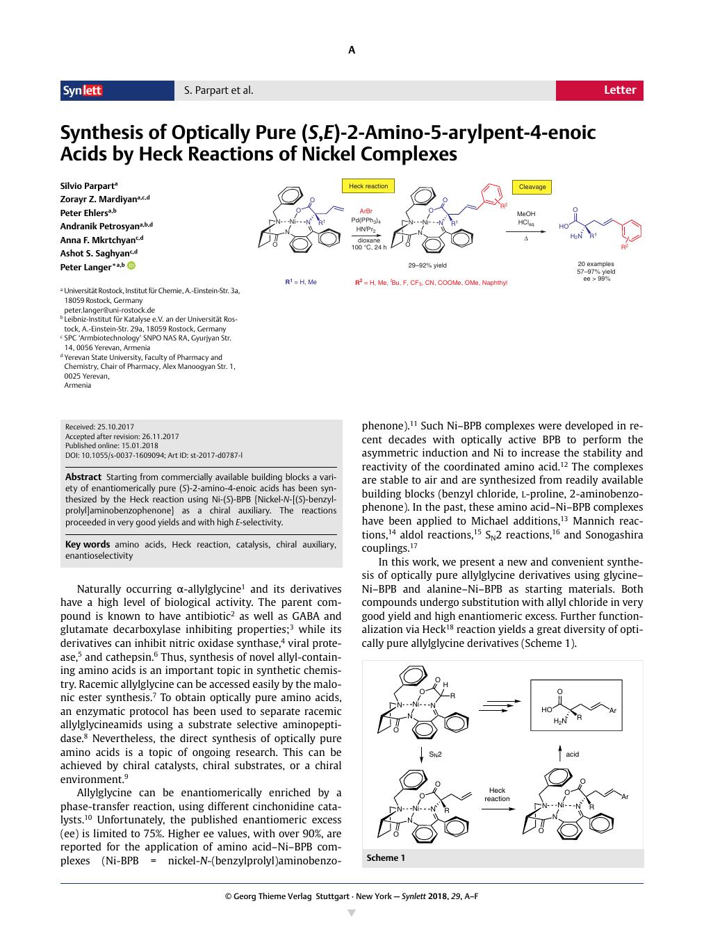 Synthesis of Optically Pure (S,E)-2-Amino-5-arylpent-4-enoic Acids by ...