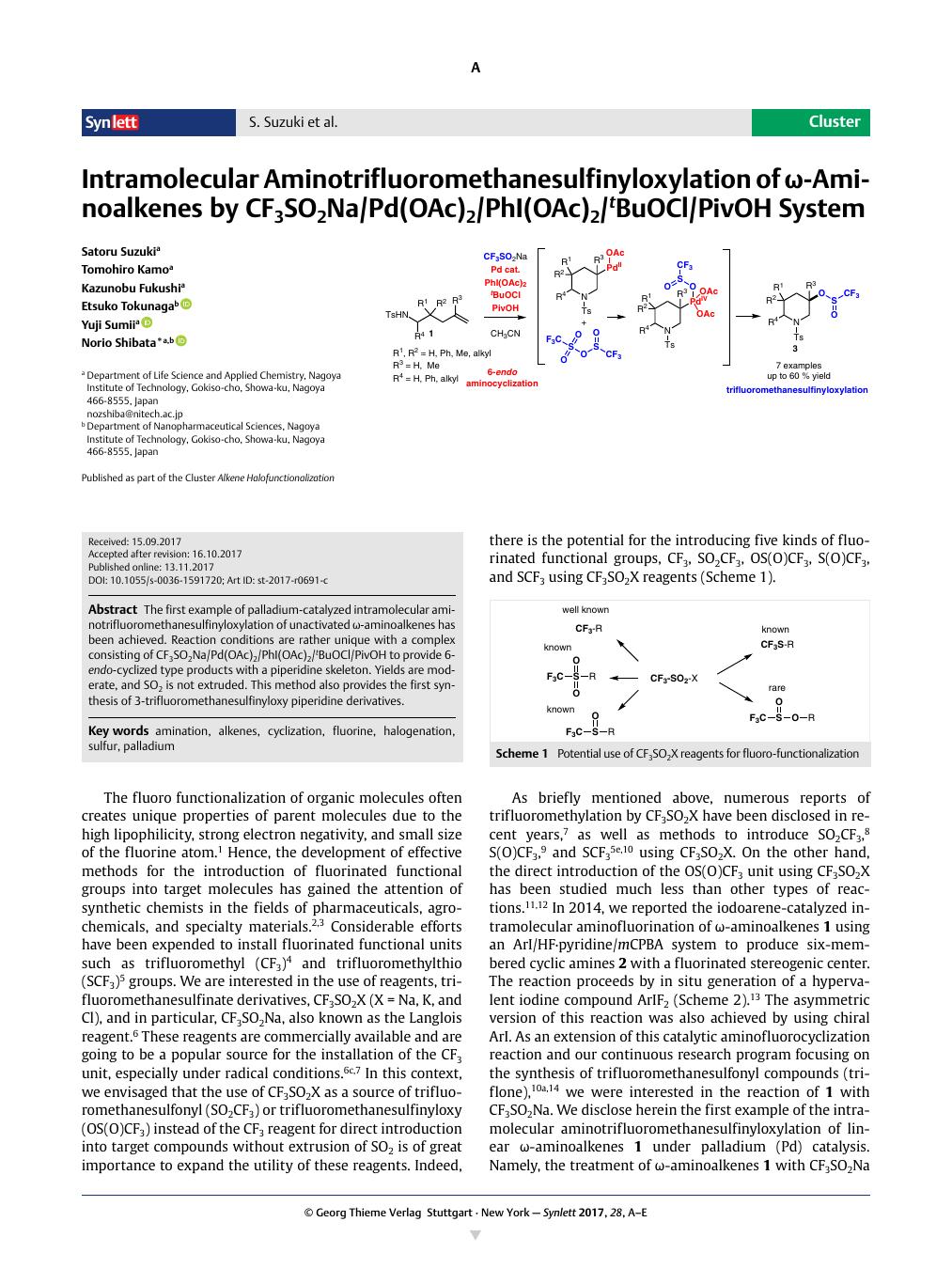 Intramolecular Aminotrifluoromethanesulfinyloxylation of ω-Aminoalkenes ...