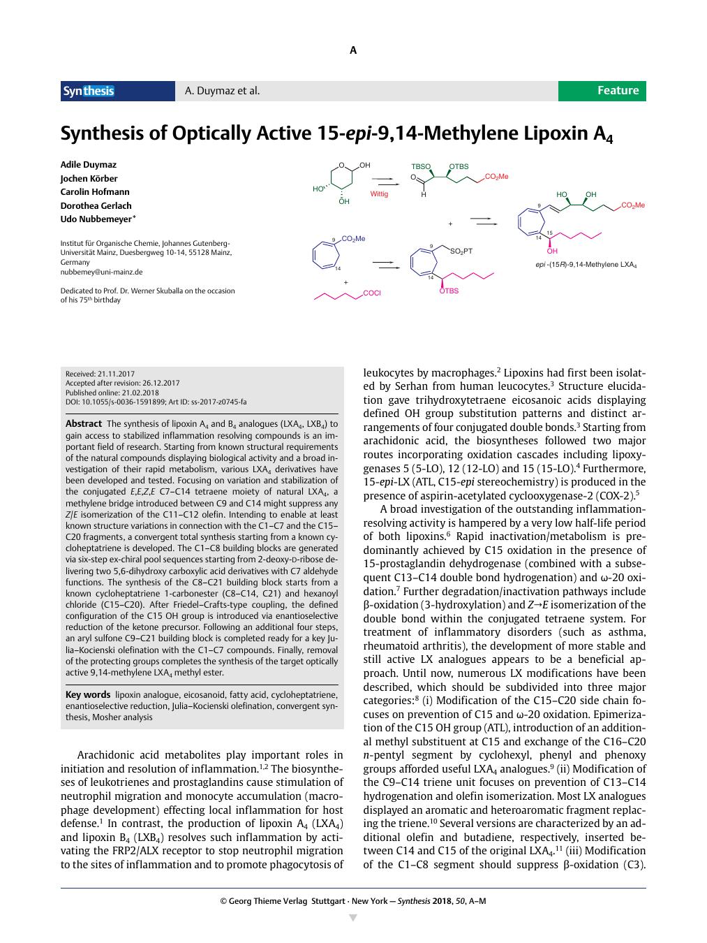 Synthesis of Optically Active 15-epi-9,14-Methylene Lipoxin A4 ...