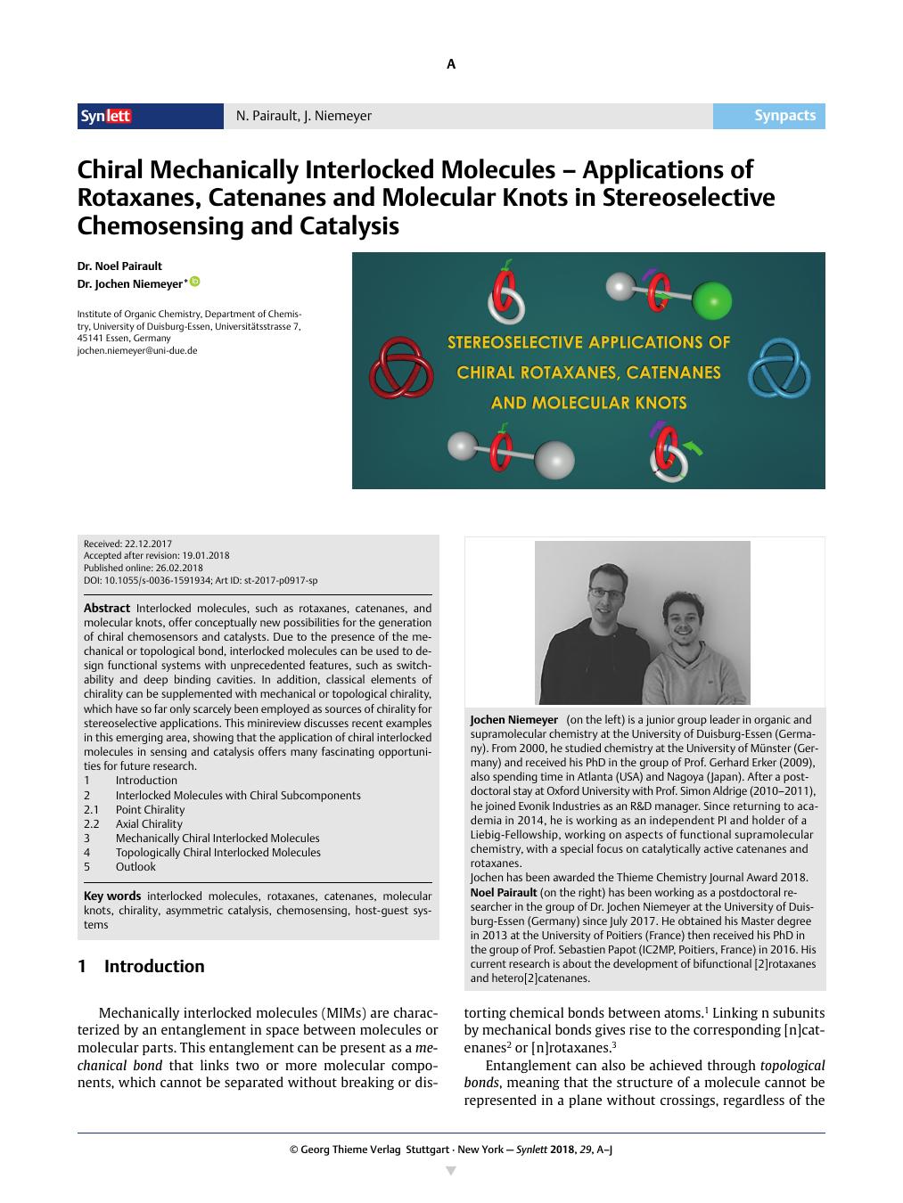Chiral Mechanically Interlocked Molecules – Applications of Rotaxanes ...
