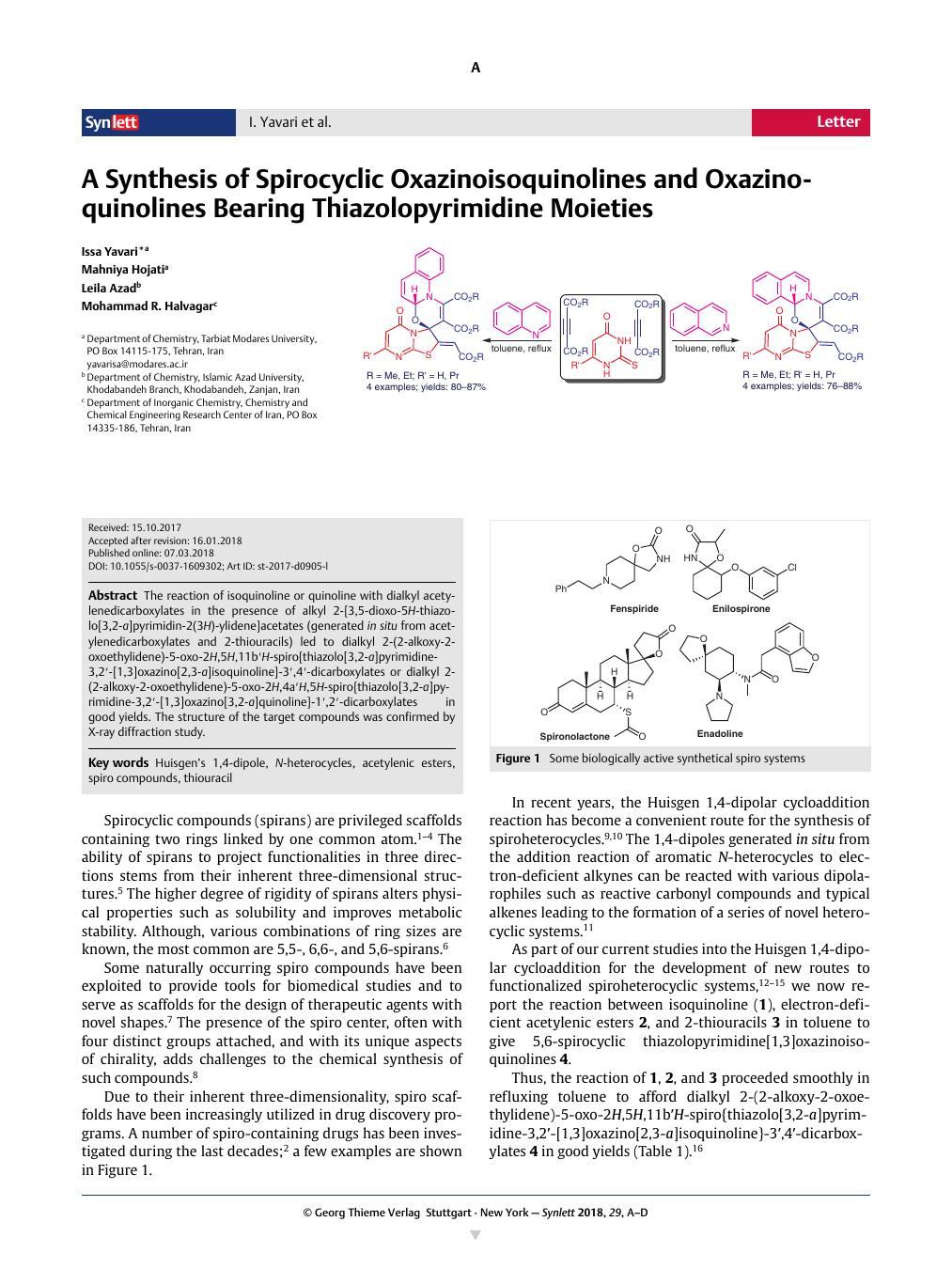 带有噻唑并嘧啶部分的螺环恶嗪基异喹啉和恶嗪基喹啉的合成,Synlett - X-MOL