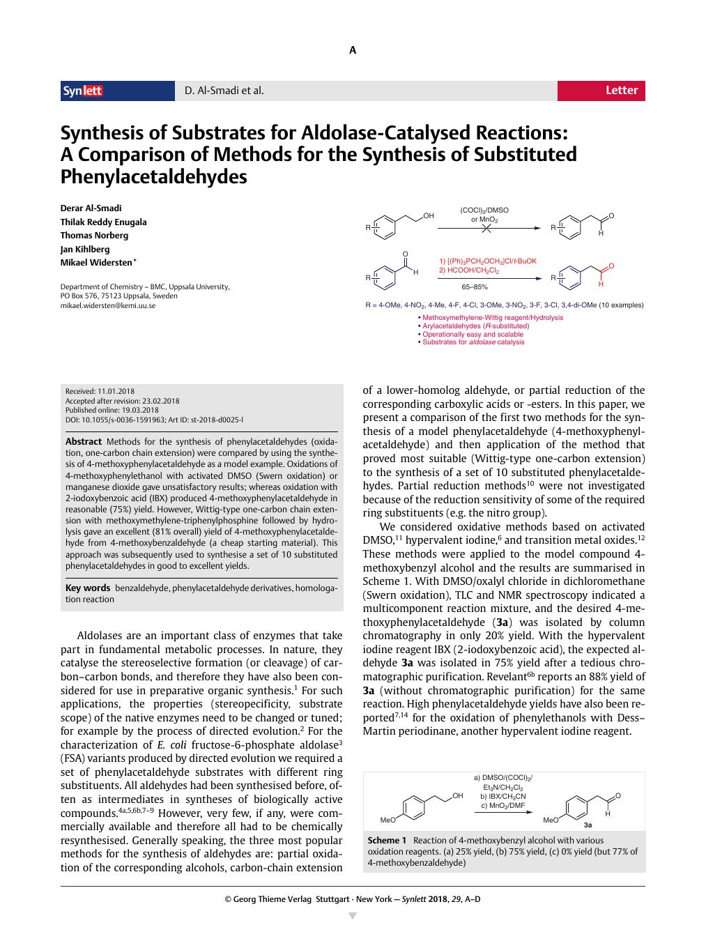 Synthesis of Substrates for Aldolase-Catalysed Reactions: A Comparison ...