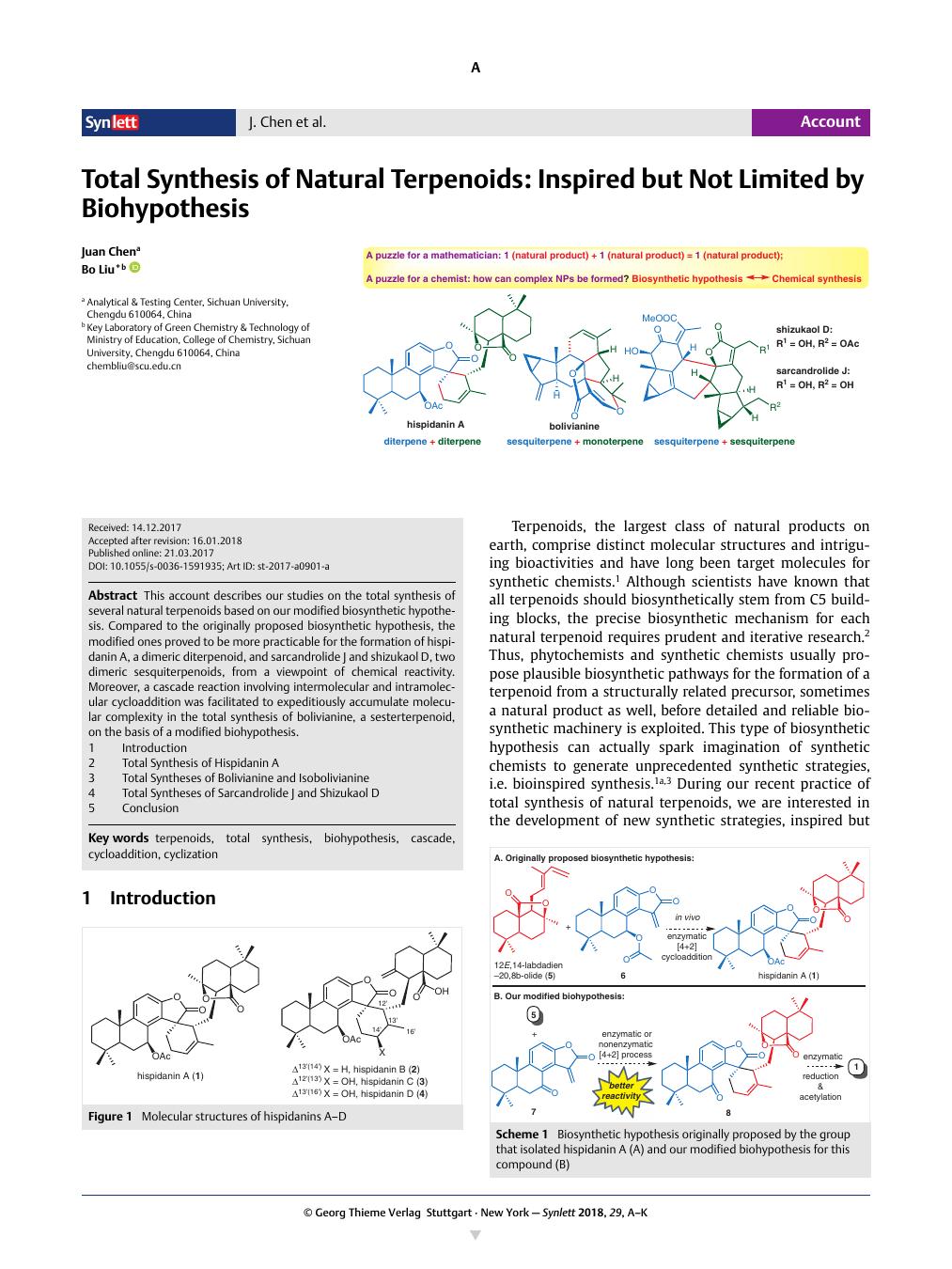 Total Synthesis of Natural Terpenoids: Inspired but Not Limited by Biohypothesis,Synlett - X-MOL