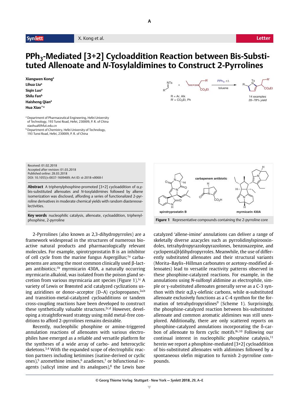 PPh3 介导的 [3+2] 环加成反应在双取代的 Alenoate 和 N-Tosylaldimines 之间构建 2-Pyrrolines ...