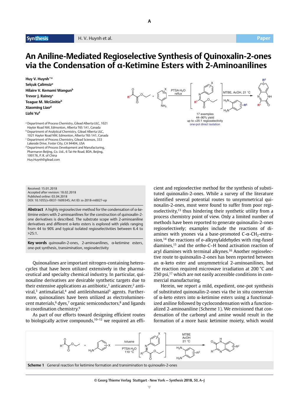 苯胺介导的α-酮亚胺酯与2-氨基苯胺缩合的喹喔啉-2-酮的区域选择性合成,Synthesis - X-MOL