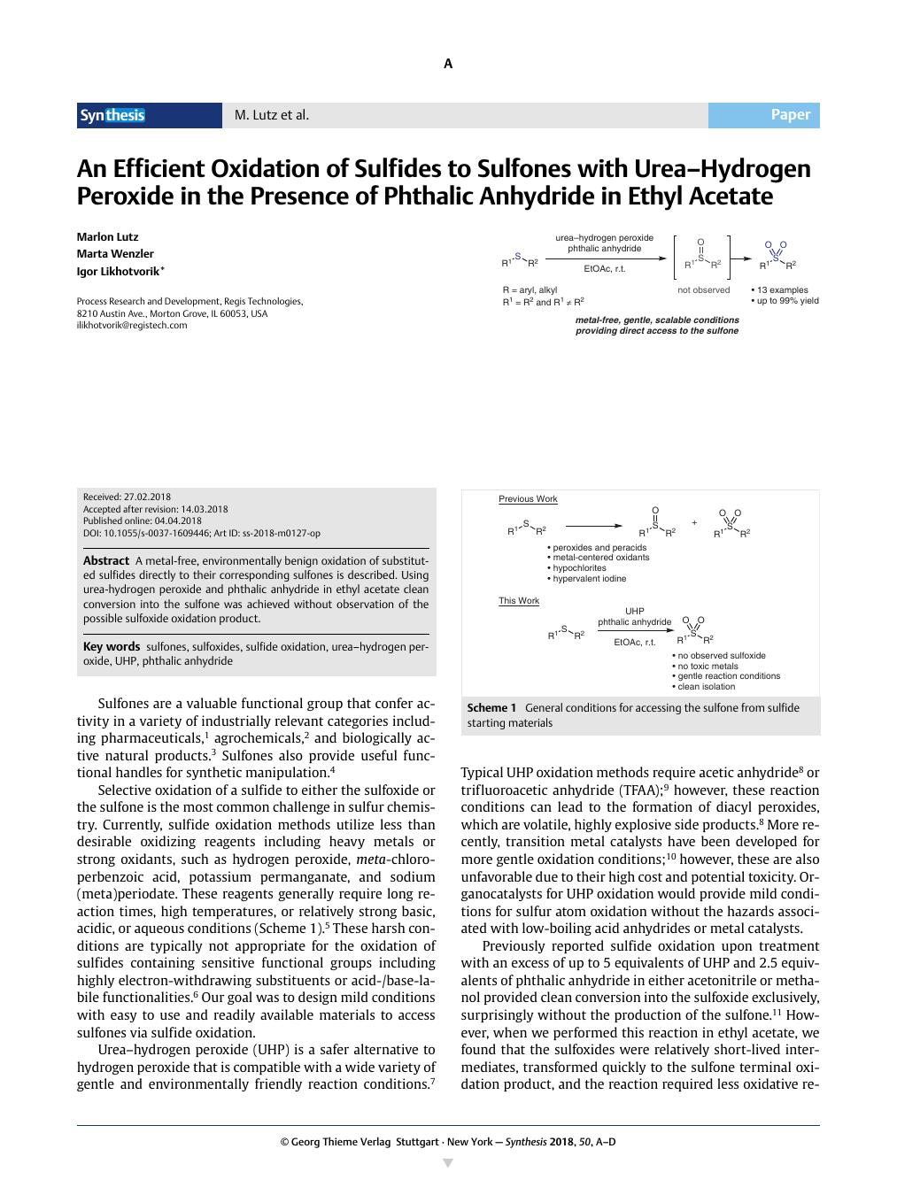 An Efficient Oxidation of Sulfides to Sulfones with Urea–Hydrogen ...