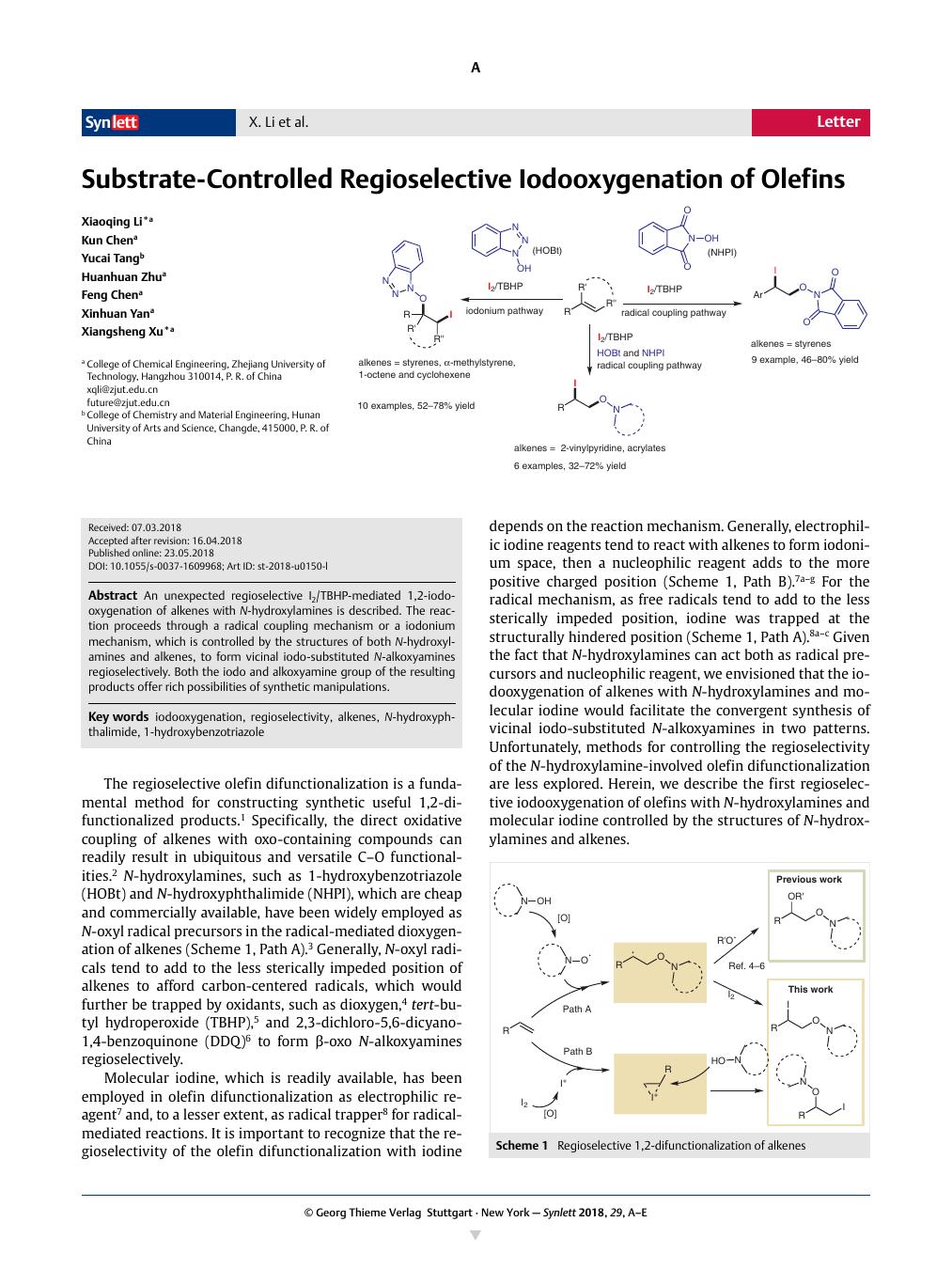 底物控制的烯烃区域选择性碘氧化,Synlett - X-MOL