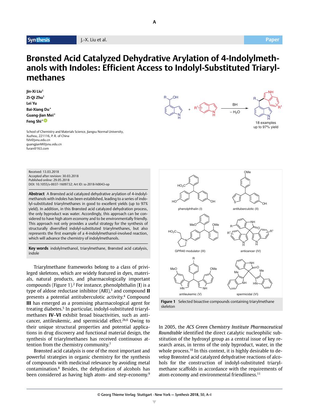 Brønsted Acid Catalyzed Dehydrative Arylation of 4-Indolylmeth­anols with Indoles: Efficient ...