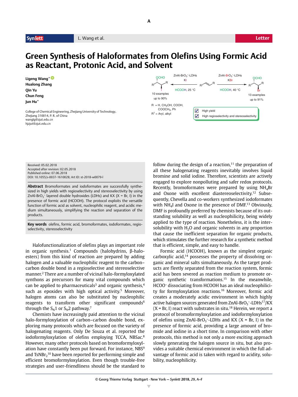以甲酸为反应物、质子酸和溶剂从烯烃绿色合成卤代甲酸酯,Synlett - X-MOL