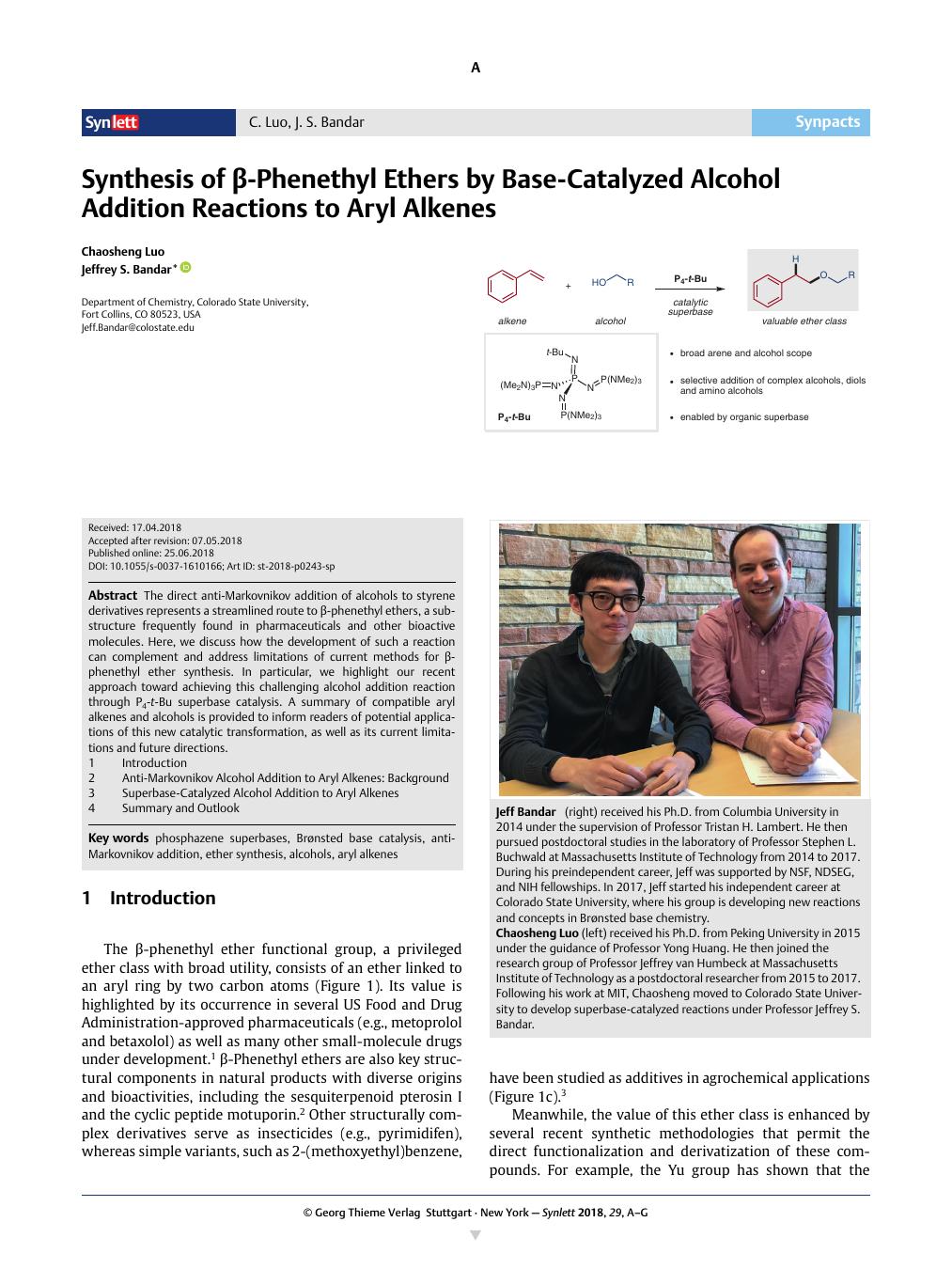 Synthesis of β-Phenethyl Ethers by Base-Catalyzed Alcohol Addition ...