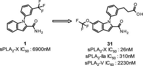 发现了一系列作为选择性分泌磷脂酶A2型X（sPLA2-X）抑制剂的吲哚2羧酰胺。,ACS Medicinal Chemistry ...