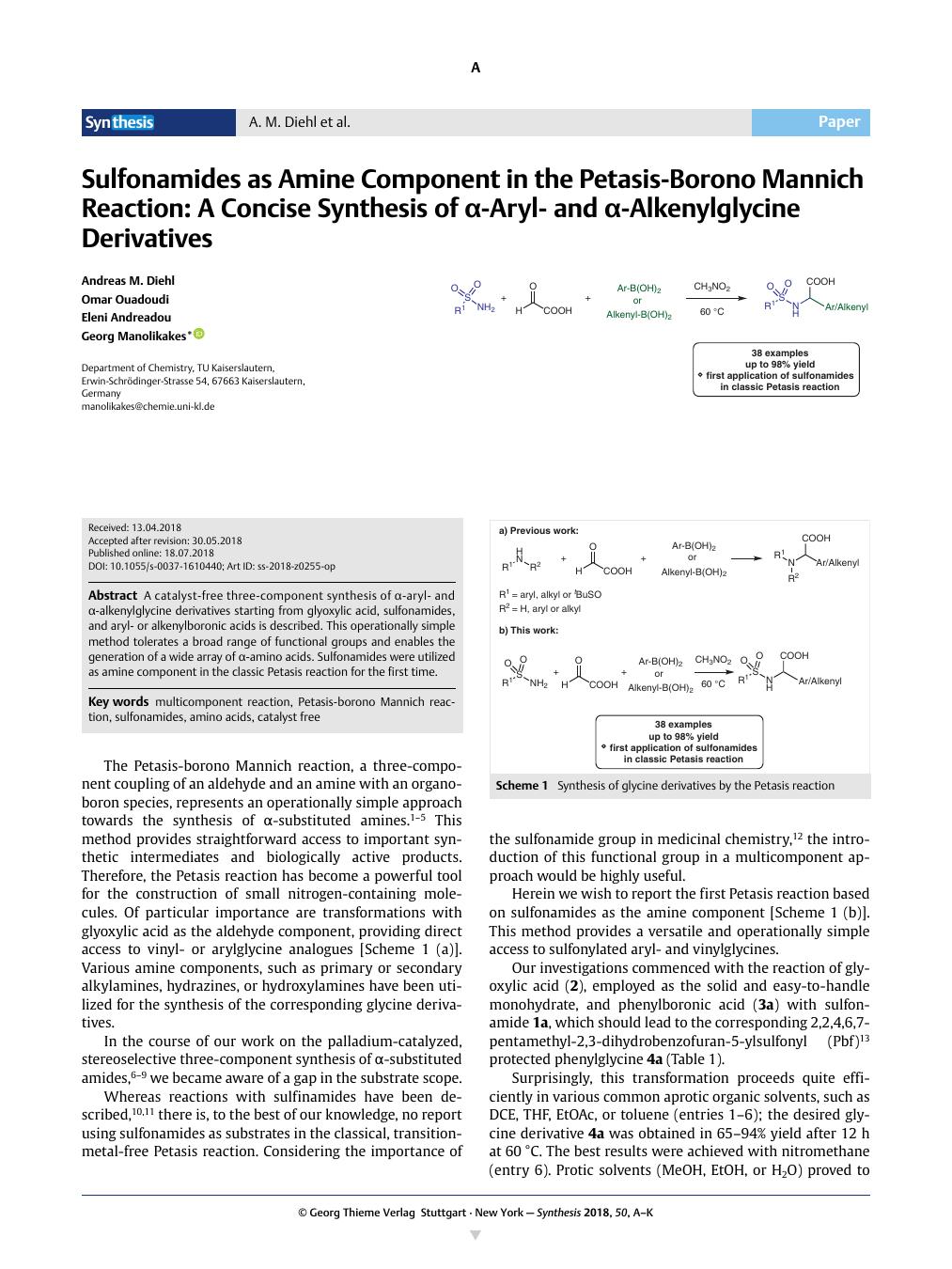 磺酰胺作为Petasis-Borono Mannich反应中的胺成分：α-芳基和α-烯基甘氨酸衍生物的简便合成,Synthesis - X-MOL