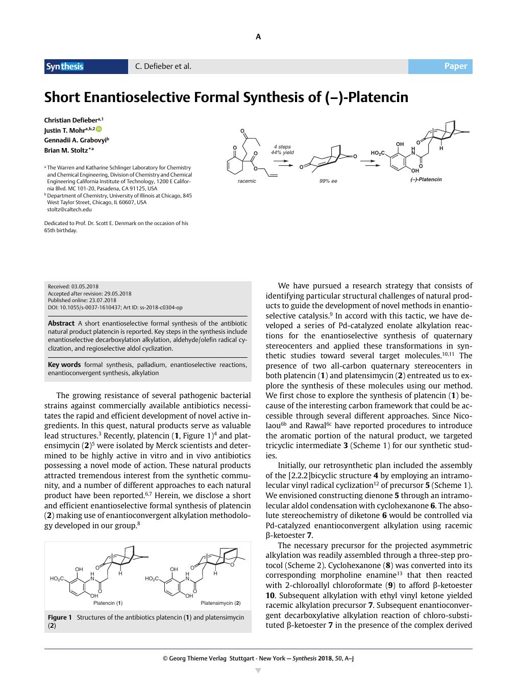 Short Enantioselective Formal Synthesis of (–)-Platencin,Synthesis - X-MOL