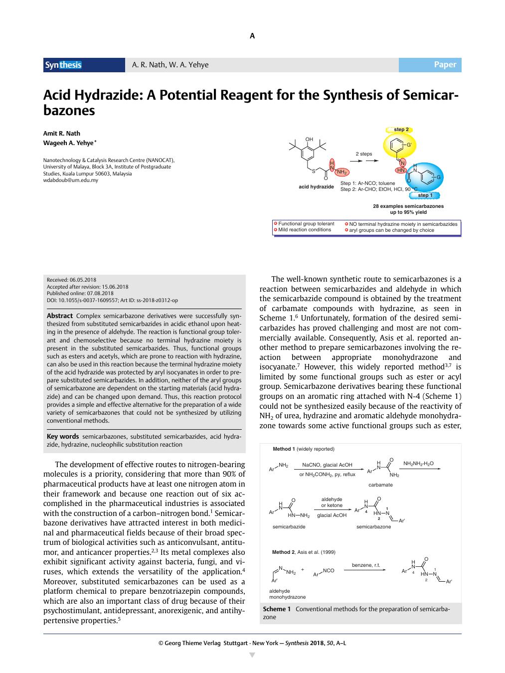 Acid Hydrazide: A Potential Reagent for the Synthesis of Semicarbazones ...
